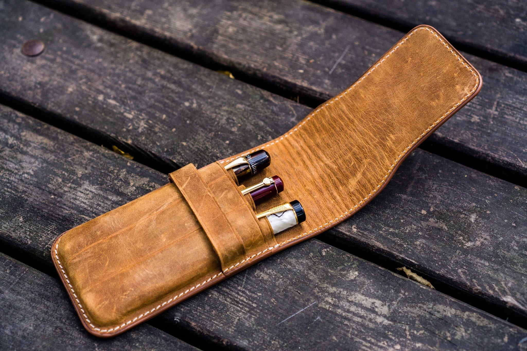 Leather Flap Pen Case for Three Pens - Crazy Horse Brown – Dino-Writes